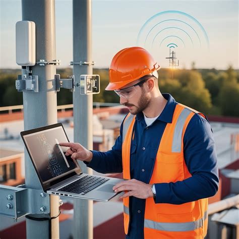 Engineer Working On Laptop5g Network Base Station On The Telecommunication Mast Radiating Signal
