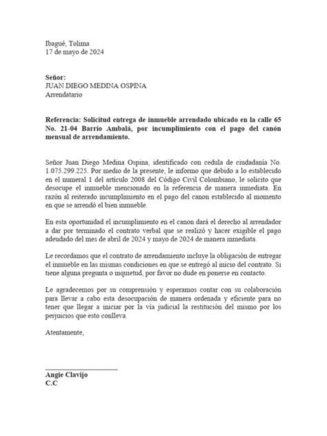 Solicitud Entrega Inmueble Arrendado Pdf