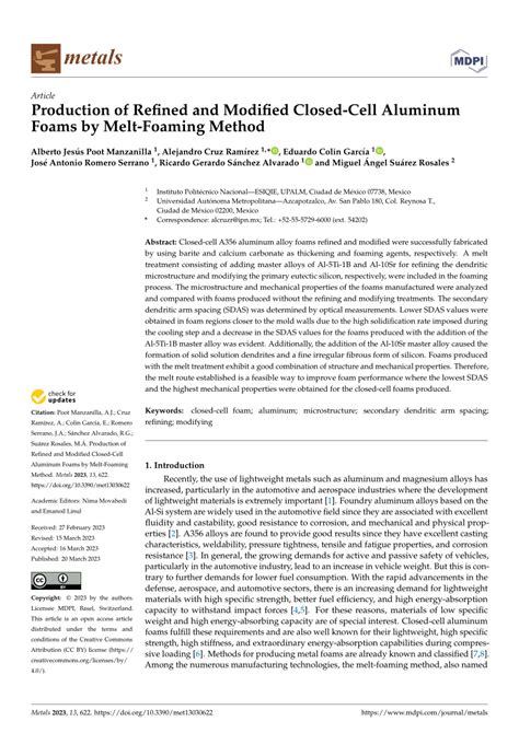 Pdf Production Of Refined And Modified Closed Cell Aluminum Foams By