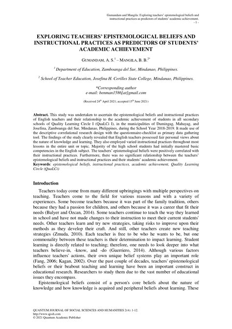 Pdf Exploring Teachers Epistemological Beliefs And Instructional Practices As Predictors Of