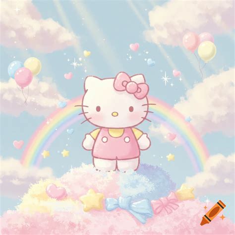 Dreamcore Hello Kitty Character With Sparkling Purple Eyes Wearing A Pink Bow And Purple Dress