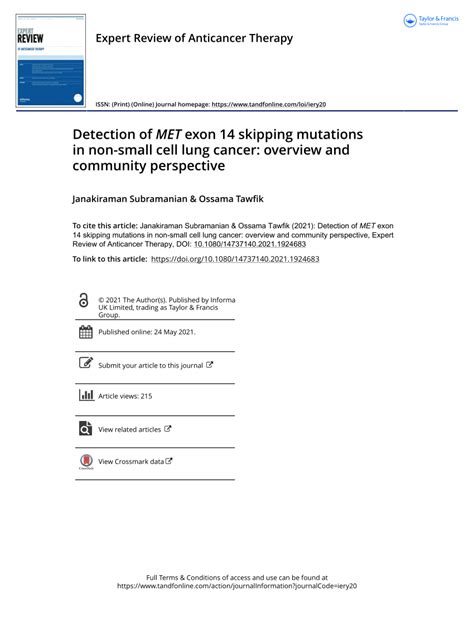 Pdf Detection Of Met Exon 14 Skipping Mutations In Non Small Cell Lung Cancer Overview And