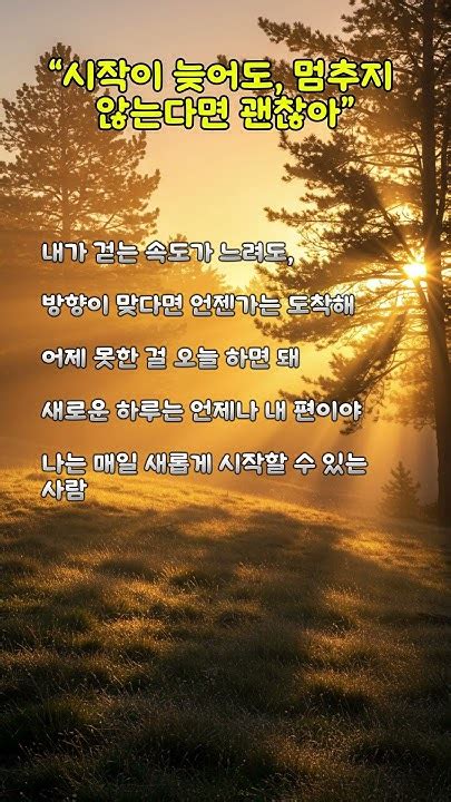 시작이 늦어도 멈추지 않는다면 괜찮아” 감성명언 명언 마음의소리로쓰는글 하루한문장 좋은글 공감글귀 힐링쇼츠 지혜 긍정의말 너와나의마음 Youtube