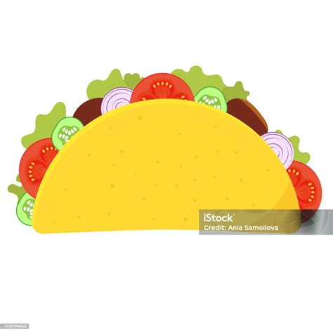 고기와 야채가 든 타코 전통적인 멕시코 패스트 푸드 토르티야 양상추 치즈 토마토 다진 고기 소스를 곁들인 타코 멕시코 음식 고립 된 흰색 배경 Eps10 벡터 일러스트레이션