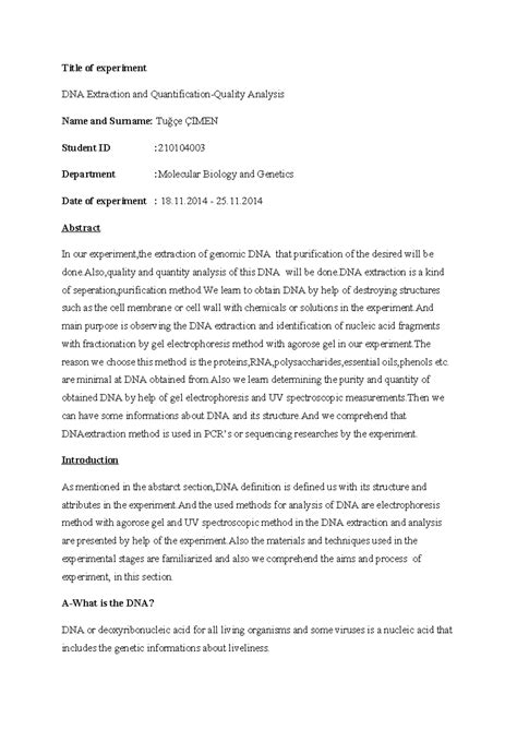 Dnaextractonreport DNA Extraction Lab Report Title Of Experiment DNA Extraction And Studocu