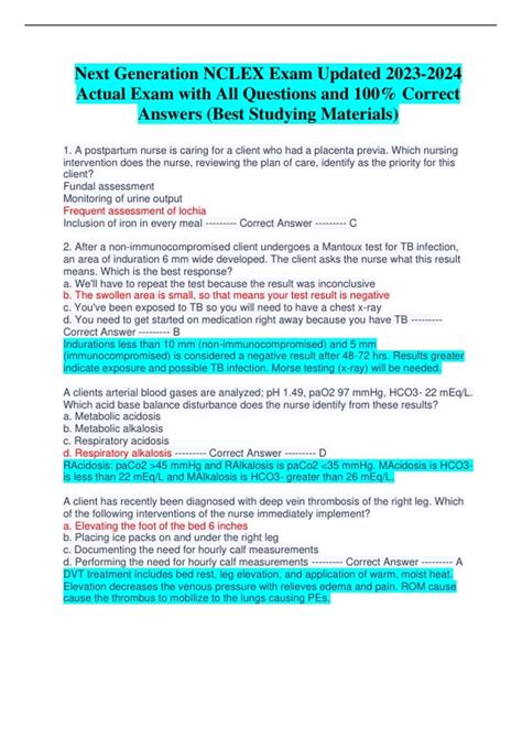 Next Generation NCLEX Exam Updated Actual Exam With All Questions And Correct Answers Best