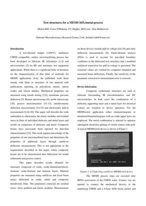 Pdf Test Structures For A Mems Sioxmetal Process