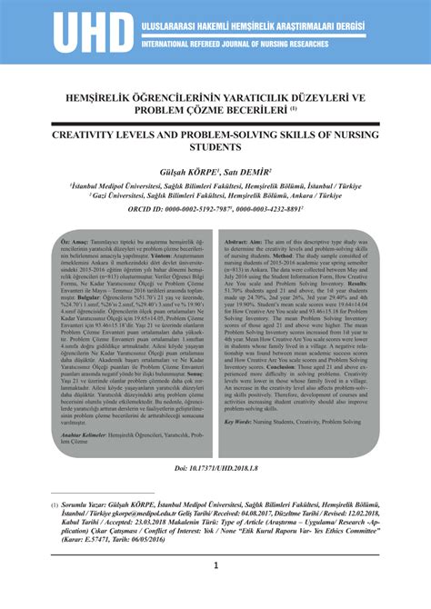 PDF CREATIVITY LEVELS AND PROBLEM SOLVING SKILLS OF NURSING STUDENTS