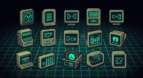 Retro Pixel Art Computer Terminal Collection With Glowing Green Screens Stock Illustration