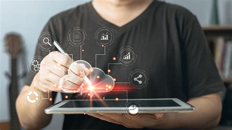 Man Use Tablet Cloud Computing Diagram Show Screendata Information Storagedigital Technology