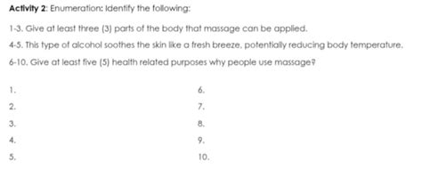Activity 2 Enumeration Identify The Following 1 3 Give At Least Three 3 Parts Of The Body That