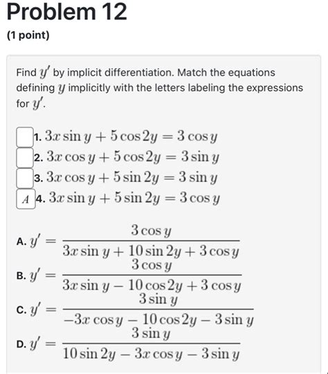 Solved Problem 12 1 Point Find Y By Implicit Chegg Com