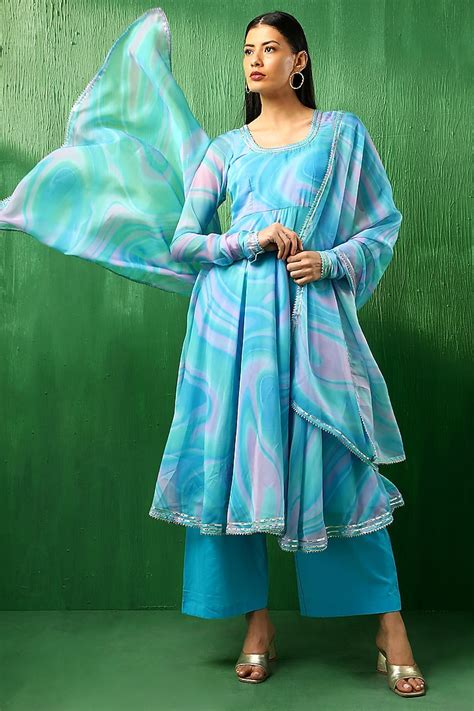 Blue Organza Marble Printed Anarkali Set By Pomcha Jaipur At Pernias