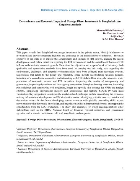 Pdf Determinants And Economic Impacts Of Foreign Direct Investment In Bangladesh An Empirical