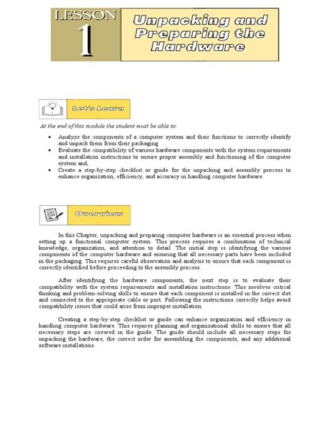 lesson 1 unpacking and preparing computer hardware pdf