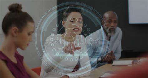 Animation Of Cyber Security Text And Fingerprint Scanner Over Biracial Woman Discussing At