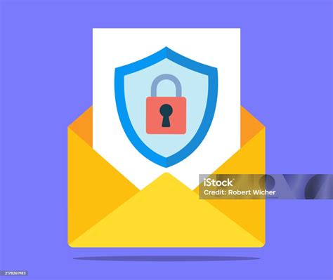 그림에서는 보안 통신 또는 데이터 보호를 나타내는 방패와 자물쇠 기호가 있는 문서가 포함된 노란색 봉투를 보여 줍니다 배경은 보라색으로 디자인이 눈에 띕니다 0명에 대한