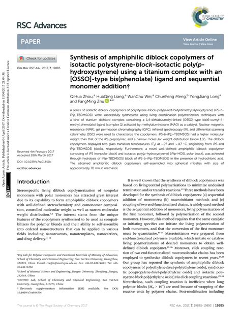 Pdf Synthesis Of Amphiphilic Diblock Copolymers Of Isotactic