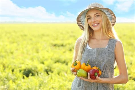 Granjero De Sexo Femenino Con Las Verduras Recolectadas En Campo Imagen