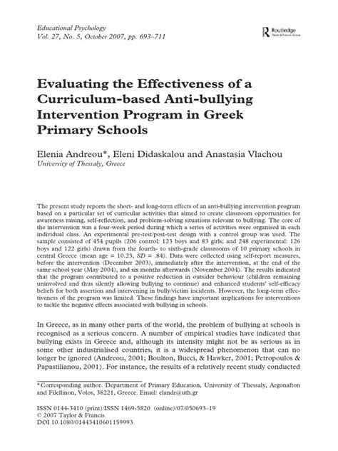 Evaluating The Effectiveness Of A Curicullum Based Antibullying Intervention Programm In Greek