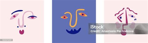 벡터 일러스트 초상화 초현실적 인 얼굴의 집합 추상적인 모양 얼굴의 실루엣 모던한 얼굴을 가진 포스터 수집 추상적인에 대한 스톡 벡터 아트 및 기타 이미지 Istock