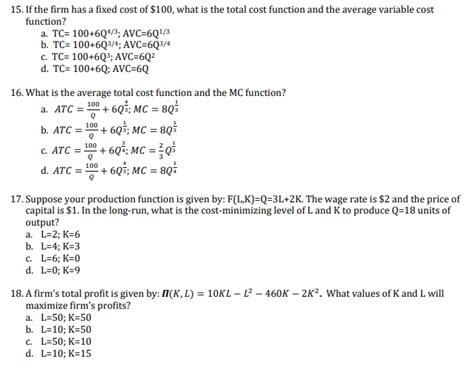 15 If The Firm Has A Fixed Cost Of 100 What Is The