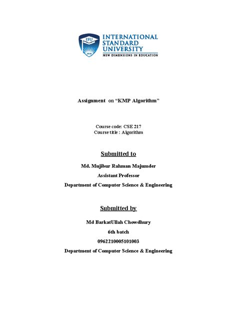 0962210005101003 Cse 217 Assignment On “kmp Algorithm” Course Code