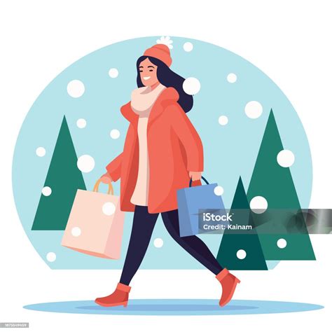 따뜻한 옷을 입고 쇼핑백을 들고 있는 여자 계절의 겨울 세일 평면 디자인 벡터 일러스트 레이 션 쇼핑백에 대한 스톡 벡터 아트 및 기타 이미지 Istock