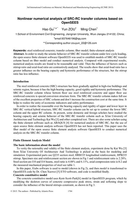 Pdf Nonlinear Numerical Analysis Of Src Rc Transfer Columns Based On Opensees