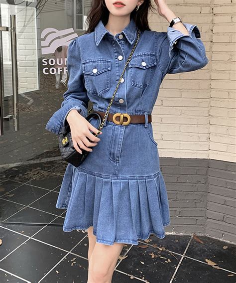 L~4xl 빅사이즈 원피스 싱글 스탠 카라 퍼프숄더 앞포켓 허리벨트 플리츠 스커트 데님 원피스 청원피스 데일리 캐주얼