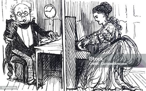영국 풍자 만화 캐리커처 일러스트레이션 벽한쪽에 있는 여성이 책상 반대편에서 남자와 피아노를 연주하는 그림 1869년에 대한
