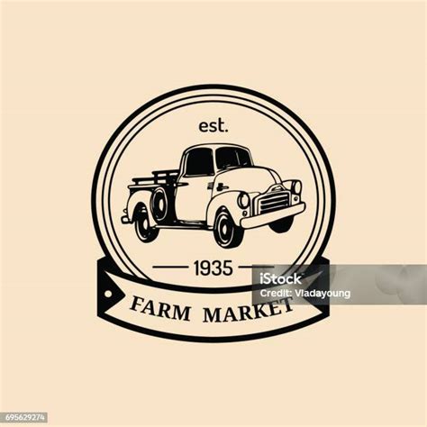 벡터 복고풍 농장 신선한 로고 유기농 품질 제품 배지입니다 에코 음식 기호입니다 빈티지 핸드 스케치 픽업 트럭 아이콘 픽업 트럭에 대한 스톡 벡터 아트 및 기타 이미지