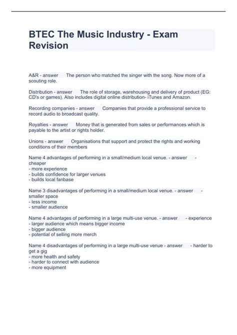 Btec The Music Industry Exam Revision Questions With Correct Answers Btec Stuvia Uk