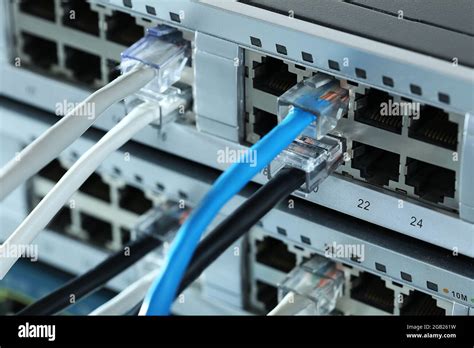 Ethernet Cables Connected To Network Switch Close Up Stock Photo Alamy