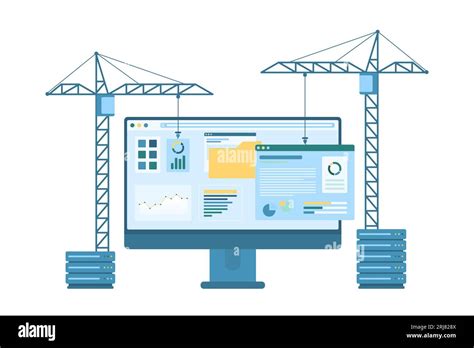 Web Design Development Vector Illustration Cartoon Isolated Construction Cranes Build Webpage