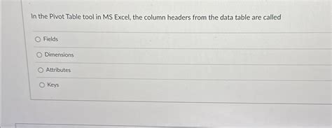 In The Pivot Table Tool In MS Excel The Column Chegg