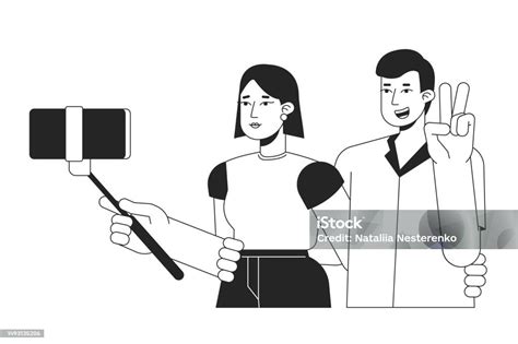 셀카를 찍는 커플 Bw 벡터 스팟 일러스트레이션 2차 도형에 대한 스톡 벡터 아트 및 기타 이미지 2차 도형 Monopod
