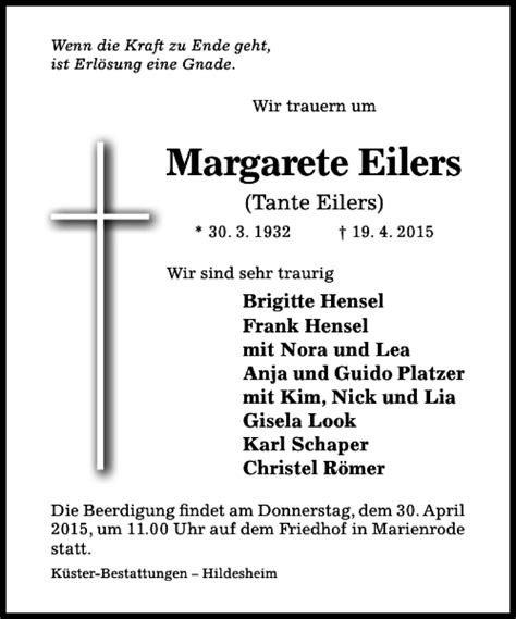 Traueranzeigen Von Margarete Eilers Trauerportal Hildesheimer