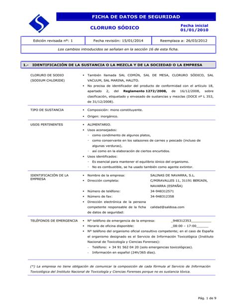 Ficha De Datos De Seguridad Cloruro Sódico