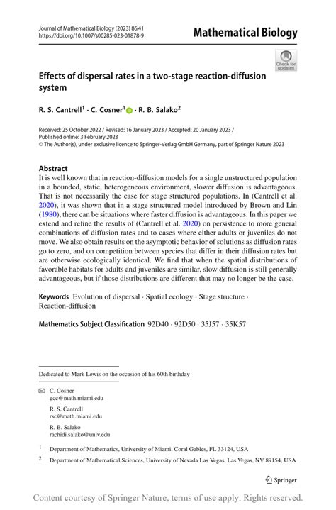 Effects Of Dispersal Rates In A Two Stage Reaction Diffusion System Request Pdf