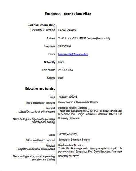 Free 6 Sample Europass Curriculum Vitae Templates In Pdf Ms Word