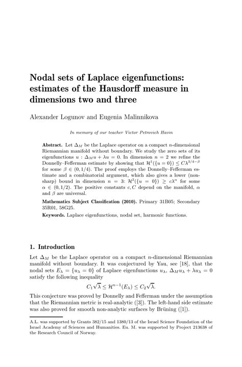 Pdf Nodal Sets Of Laplace Eigenfunctions Estimates Of The Hausdorff Measure In Dimensions Two