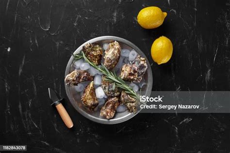 둥근 금속 판에 신선한 폐쇄 굴 얼음과 레몬 검은 돌 질감 배경 복사 공간이 있는 맨 위 뷰입니다 클로즈업 샷 갑각류에 대한 스톡 사진 및 기타 이미지 Istock