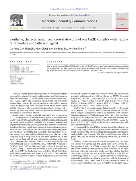 Pdf Synthesis Characterization And Crystal Structure Of One Cuii Complex With Flexible