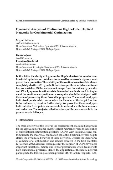 Pdf Dynamical Analysis Of Continuous Higher Order Hopfield Networks For Combinatorial Optimization