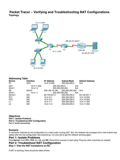 5 3 1 4 Packet Tracer Verifying And Troubleshooting Nat Configurations Instructions Ok Pdf