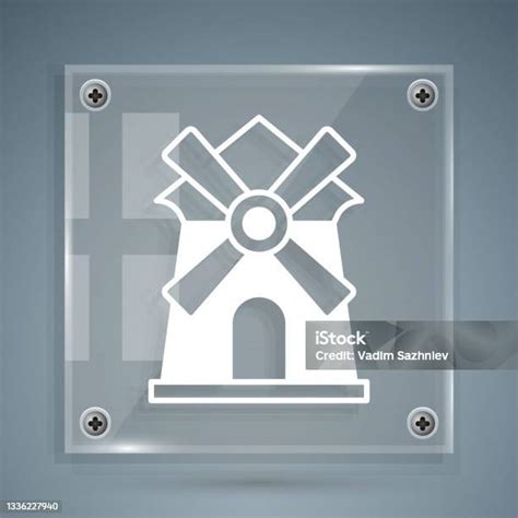 회색 배경에 격리 된 화이트 풍차 아이콘 정사각형 유리 패널 벡터 고풍스런에 대한 스톡 벡터 아트 및 기타 이미지 고풍스런