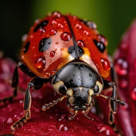 Premium Ai Image Dewcovered Ladybug On Red Leaf Macro Shot Created Using Generative Ai Tools