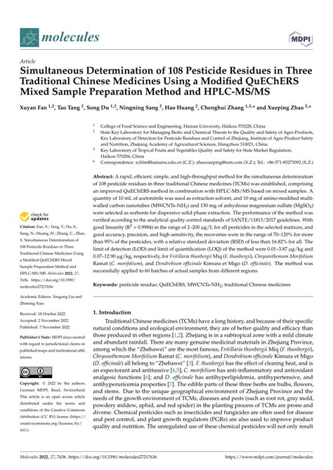 Pdf Simultaneous Determination Of 108 Pesticide Residues In Three Traditional Chinese