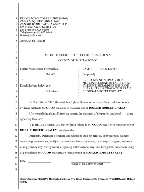 Good Character Of Defendant Evidence Order In Limine Pdf Motion In Limine Law Of The